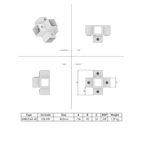 Four socket cross Type 26S, 40 mm, Black | Tubefittings.eu